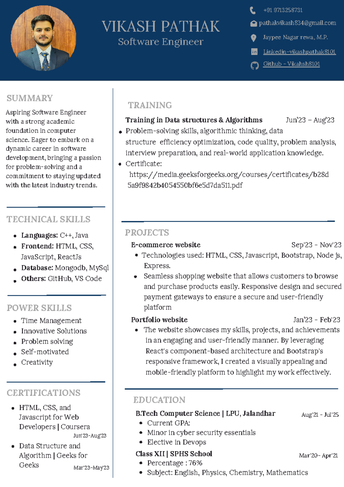 Vikash Resume - ok report good to go - SUMMARY Aspiring Software Engineer with a strong academic ...