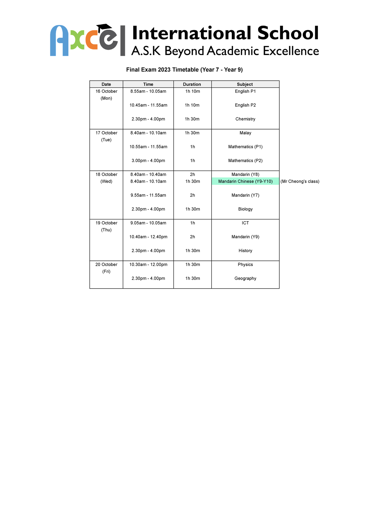 Final Exam Timetable - eqweqwe - Final Exam 2023 Timetable (Year 7 ...
