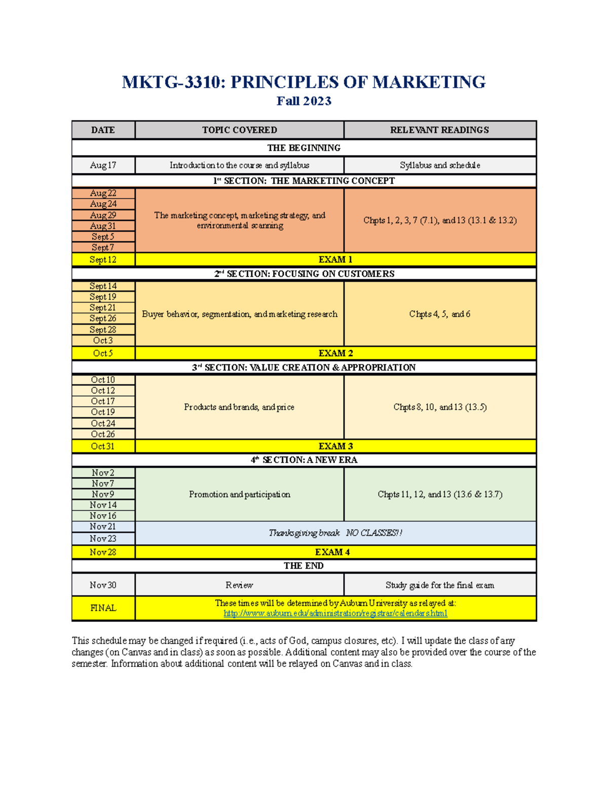 MKTG 3310 Schedule - Fall 2023 - MKTG-3310: PRINCIPLES OF MARKETING ...