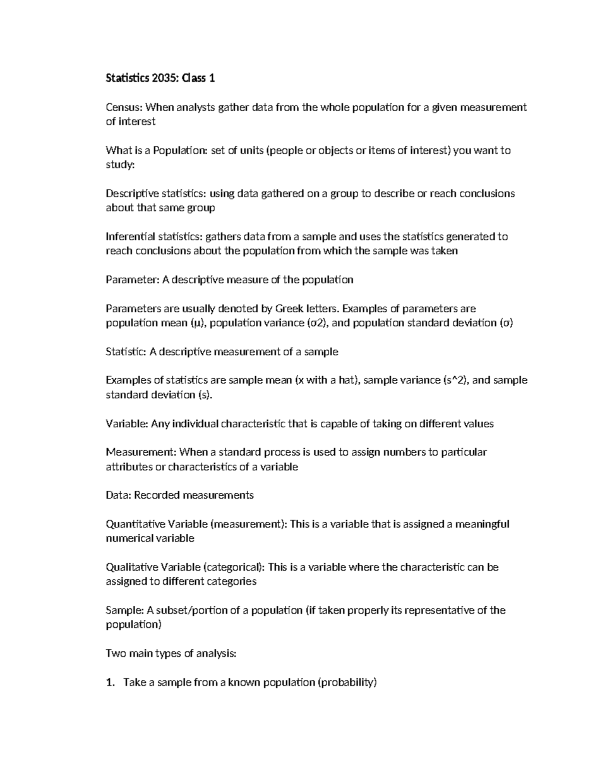 Statistics 2035 - Lectures 1-6 notes on important topics - Statistics ...
