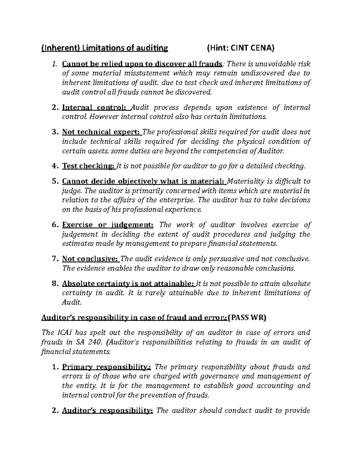 Auditing - Lecture notes 1-2 - (Inherent) Limitations of auditing (Hint ...