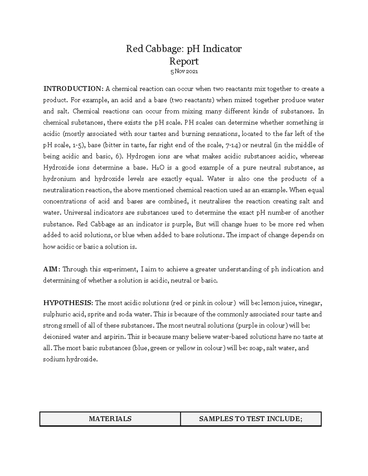 Year 9 Red Cabbage Practical Report - Red Cabbage: pH Indicator Report ...