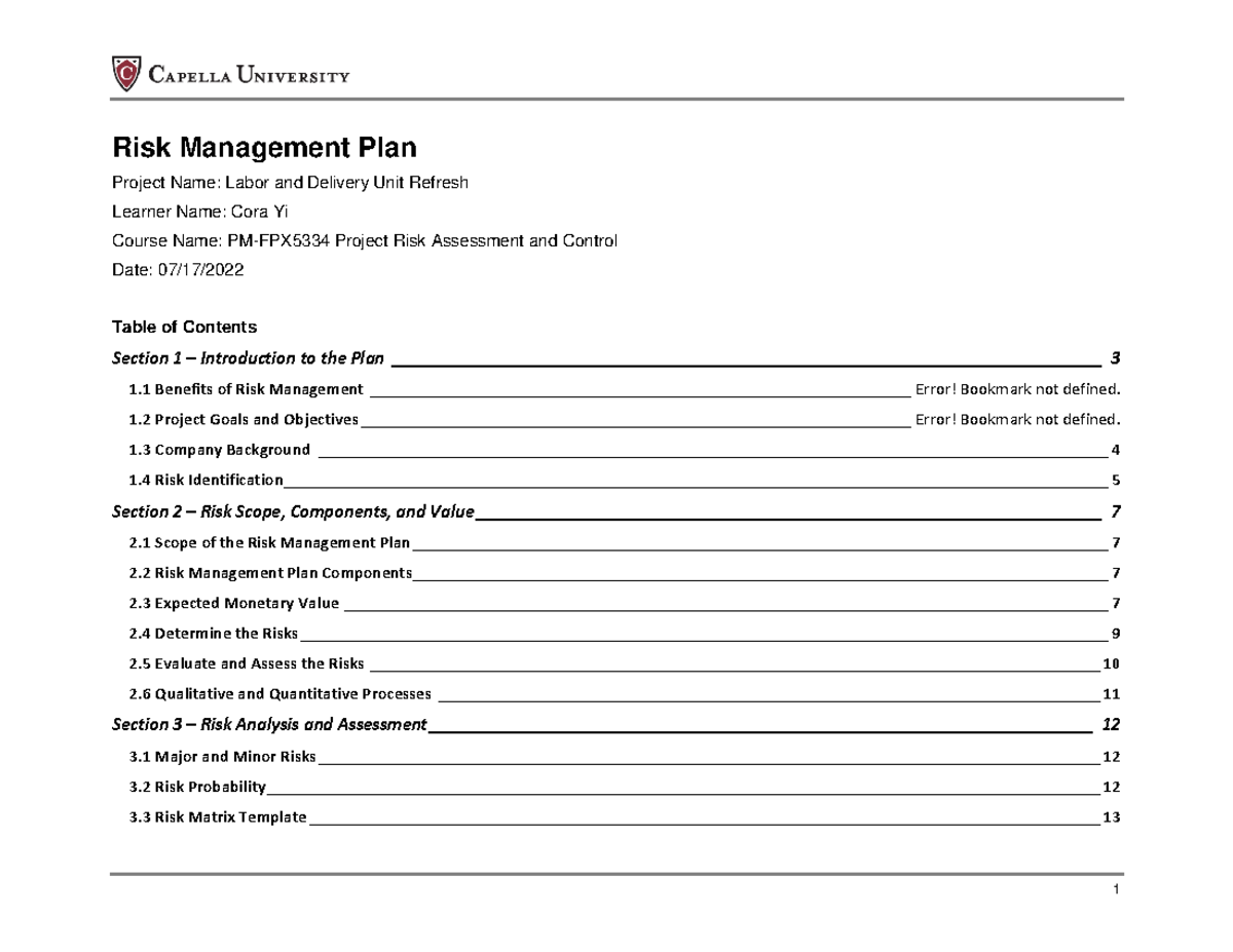 Pmfpx 5334 Yi Cora Assessment 4-1 - Risk Management Plan Project Name ...