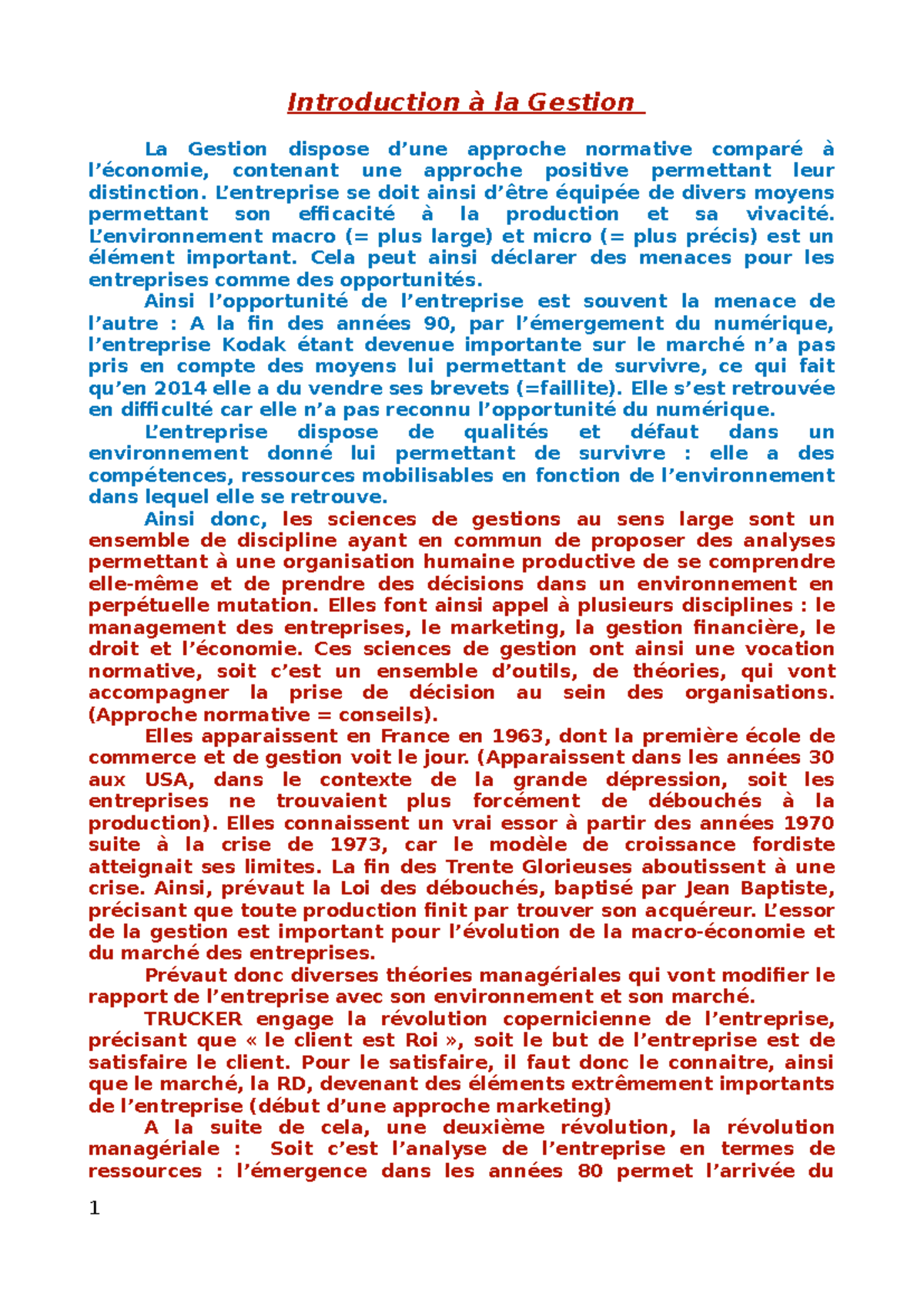 Introduction à la Gestion - Introduction à la Gestion La Gestion dispose d’une approche ...