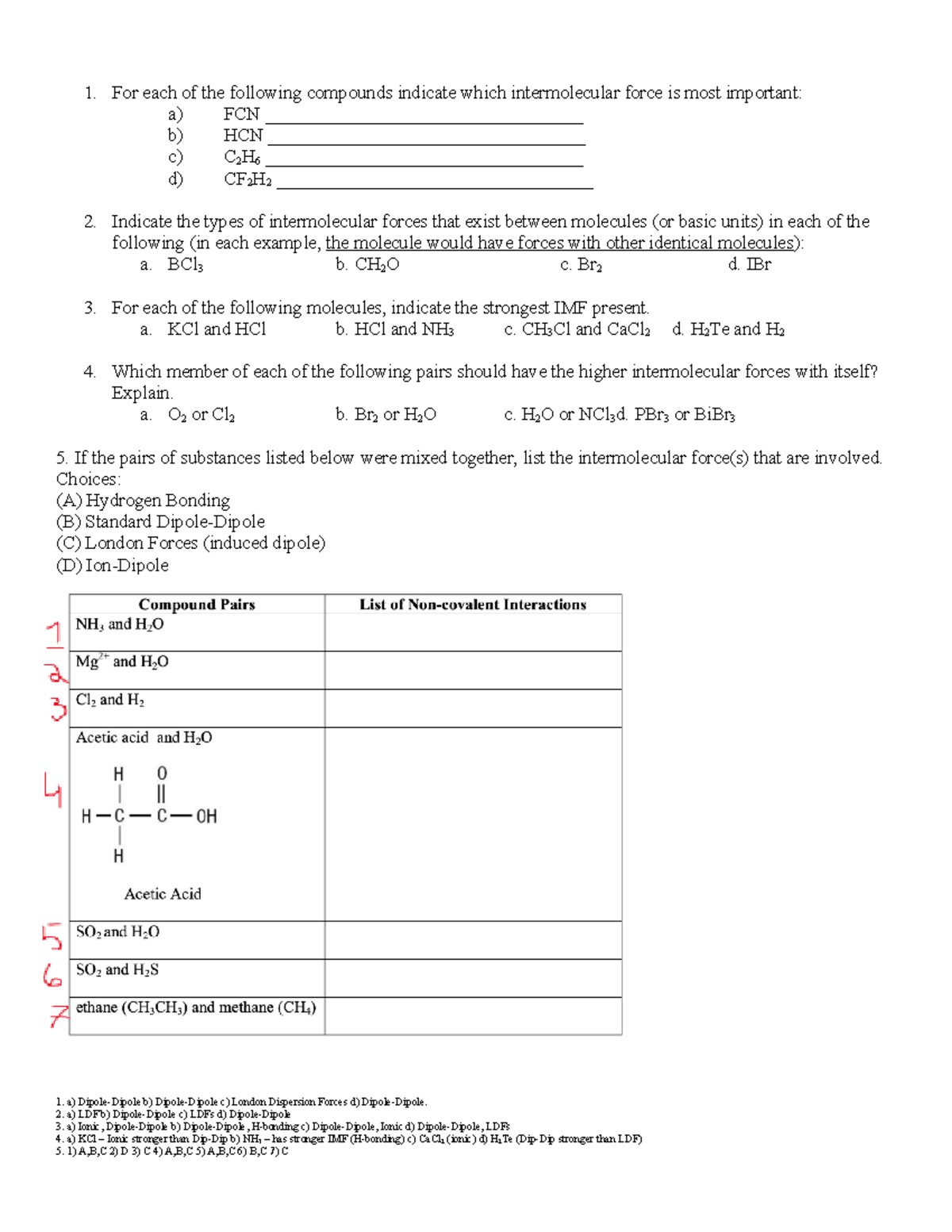 IMF Review - IMF forces notes! - For each of the following compounds ...
