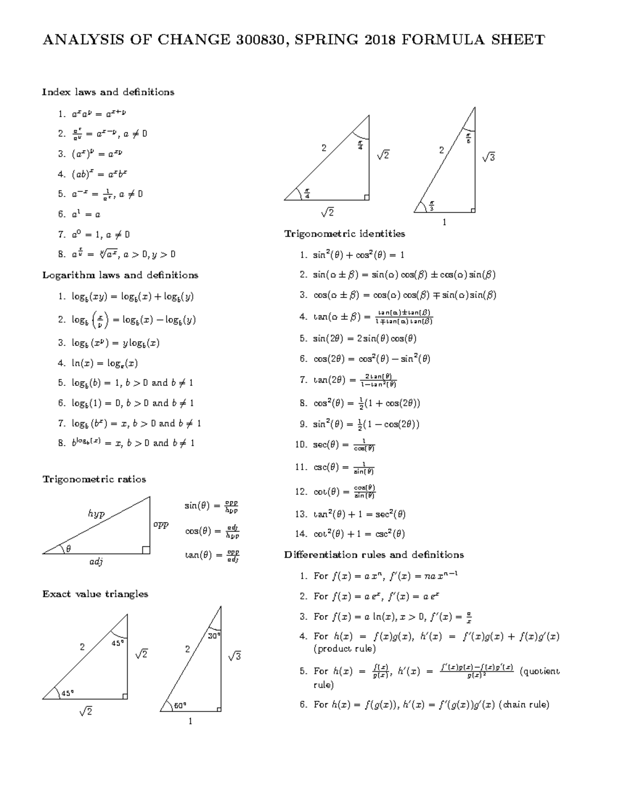 Formula Sheet(3) - ANALYSIS OF CHANGE 300830, SPRING 201 8 FORMULA ...