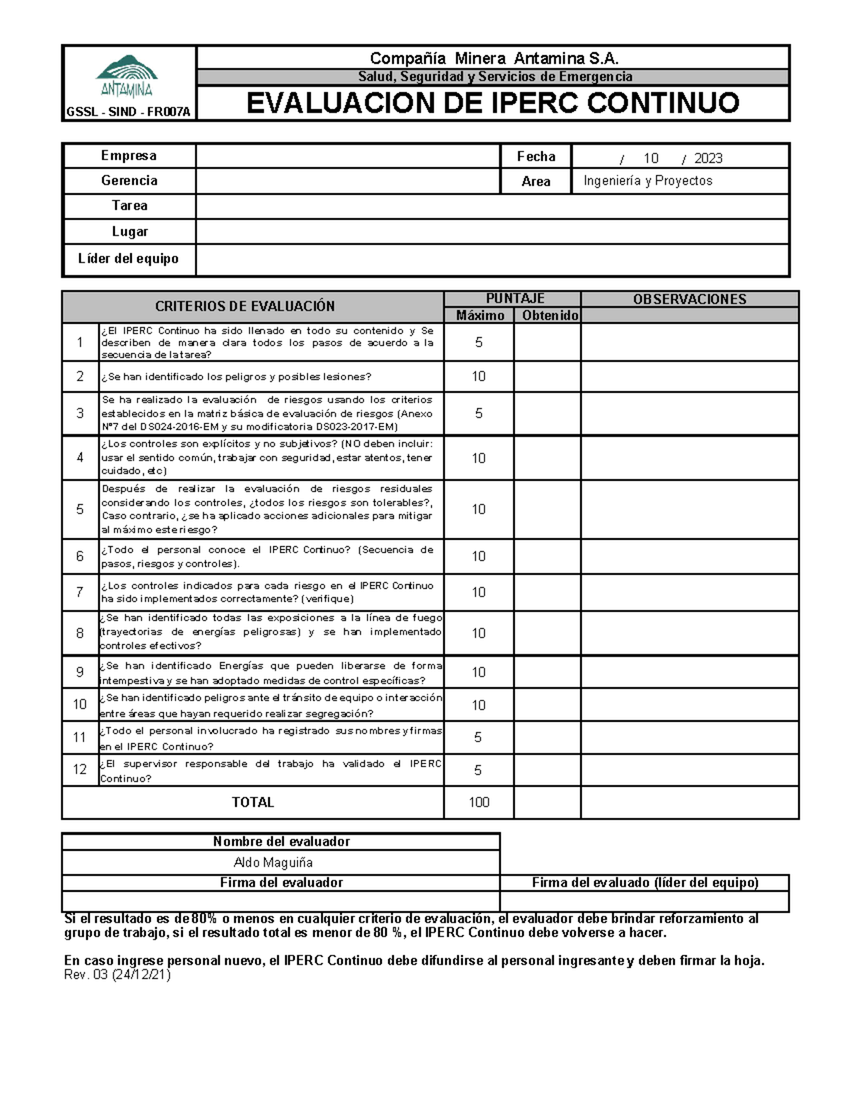 Evaluacion de Iperc Continuo - GSSL - SIND - FR007A Compañía Minera ...