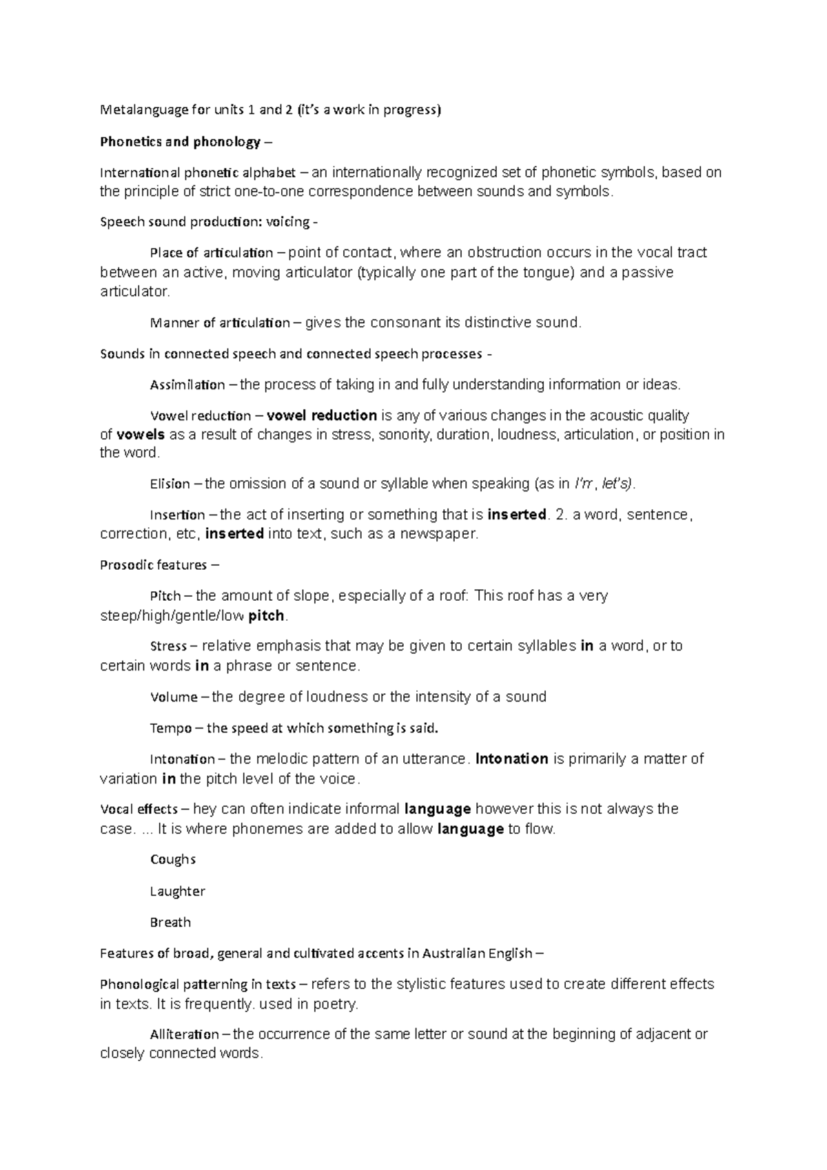 Glossary - Metalanguage for units 1 and 2 (it’s a work in progress ...