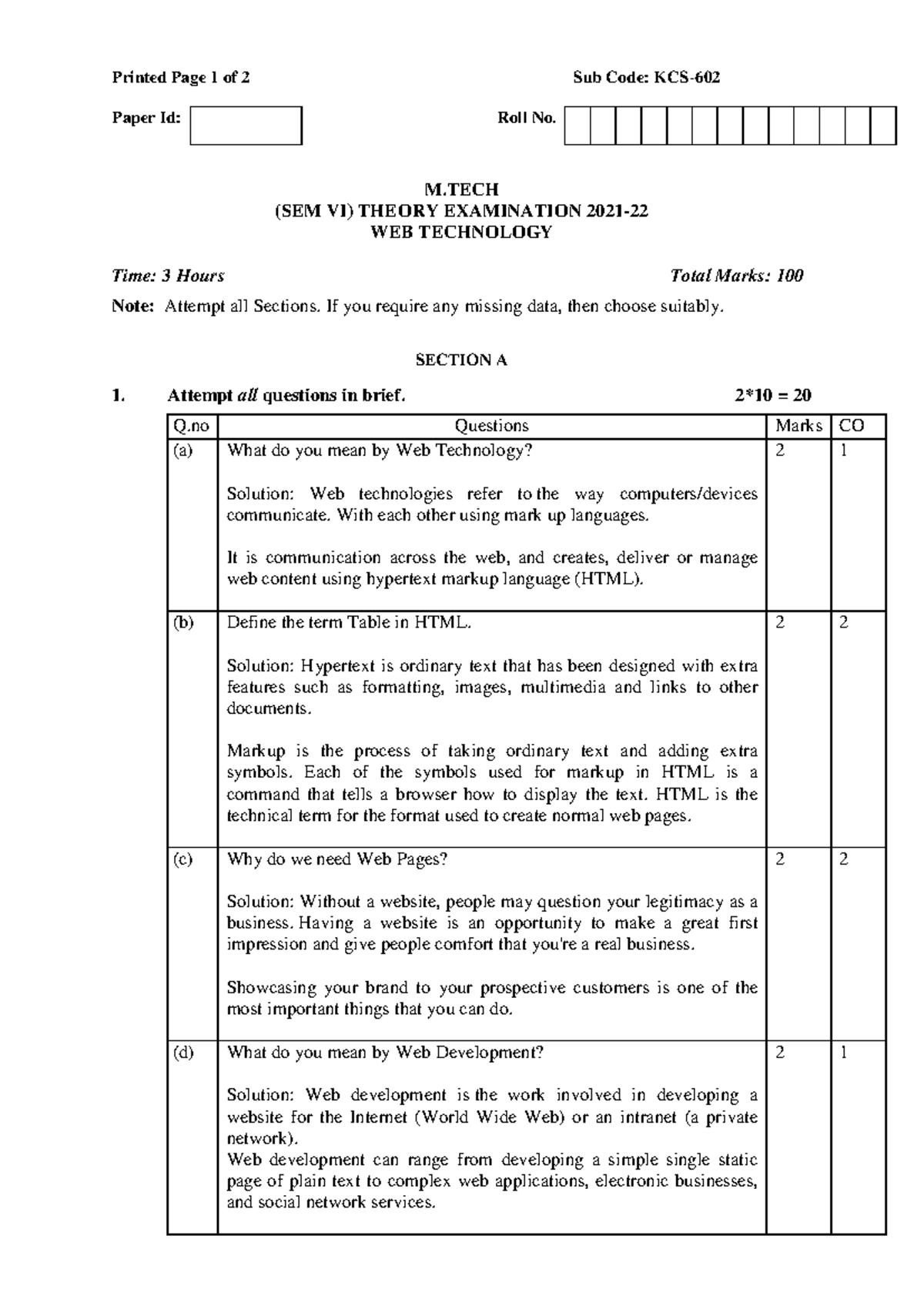 WT CS602 2021 AKTU Qpaper SOL - Printed Page 1 of 2 Sub Code: KCS- 602 Paper Id: Roll No. M (SEM ...