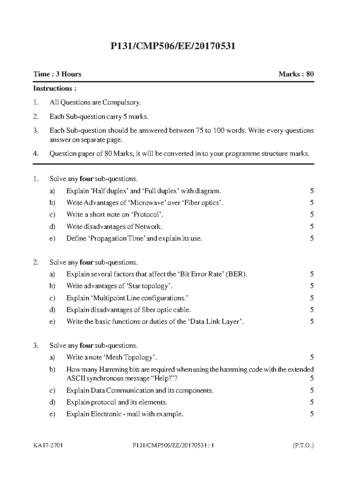 CMP506 Computer Networks - KA17-2701 P131/CMP506/EE/20170531 : 1 P131/CMP506/EE/ Time : 3 Hours ...