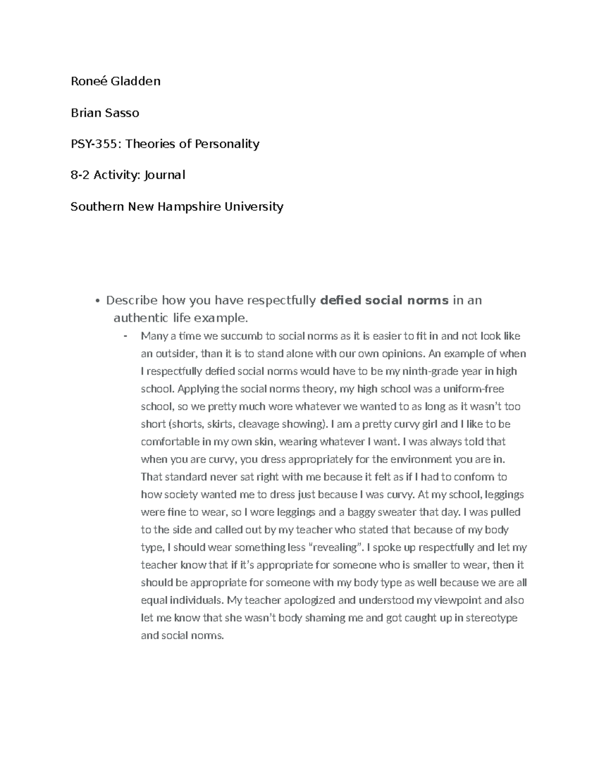 Psy3558-2activityjournal - Roneé Gladden Brian Sasso PSY-355: Theories ...