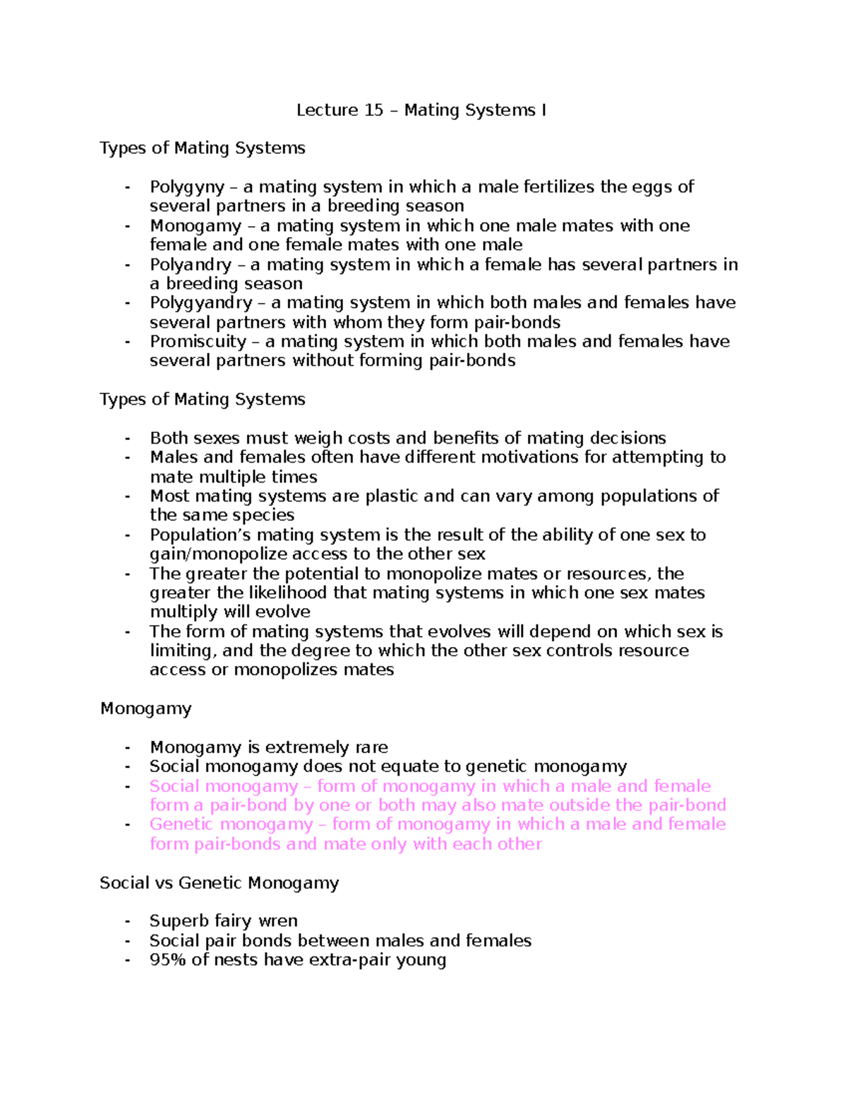 Lecture 15 - Mating Systems I - Lecture 15 – Mating Systems I Types of ...