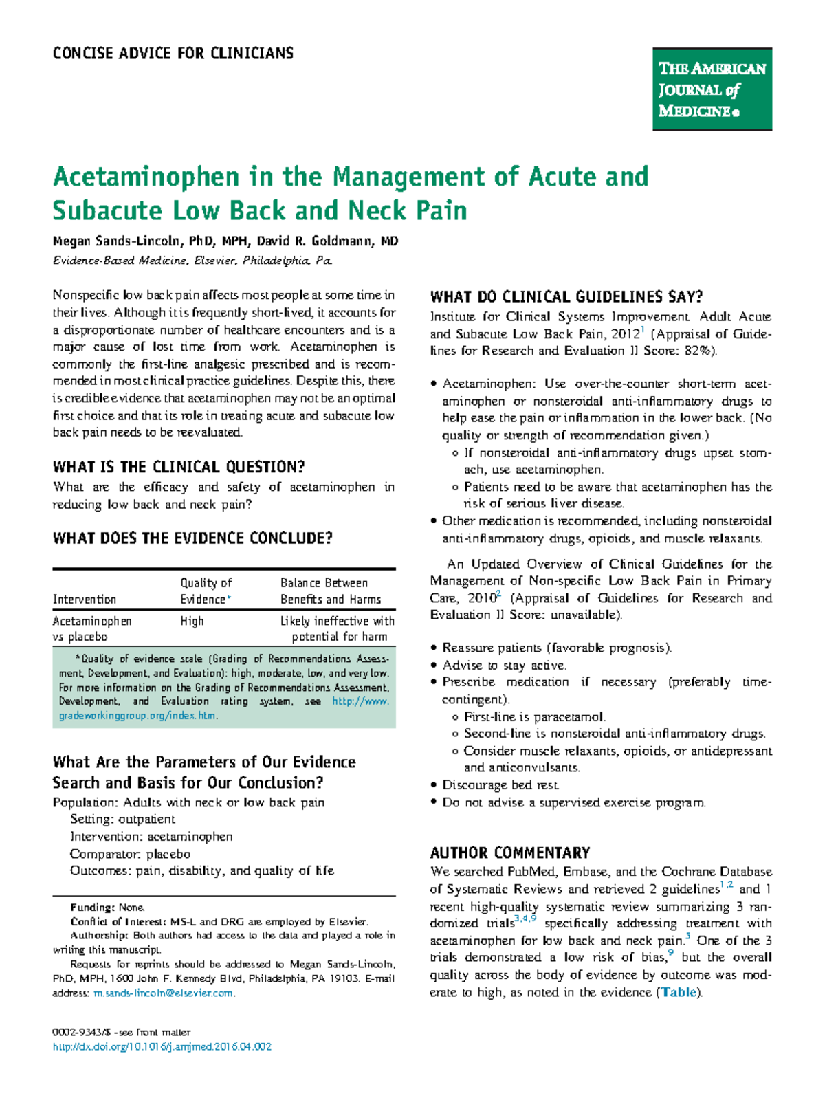 Acetaminophen in the Management of Acute and Subac - Goldmann, MD ...
