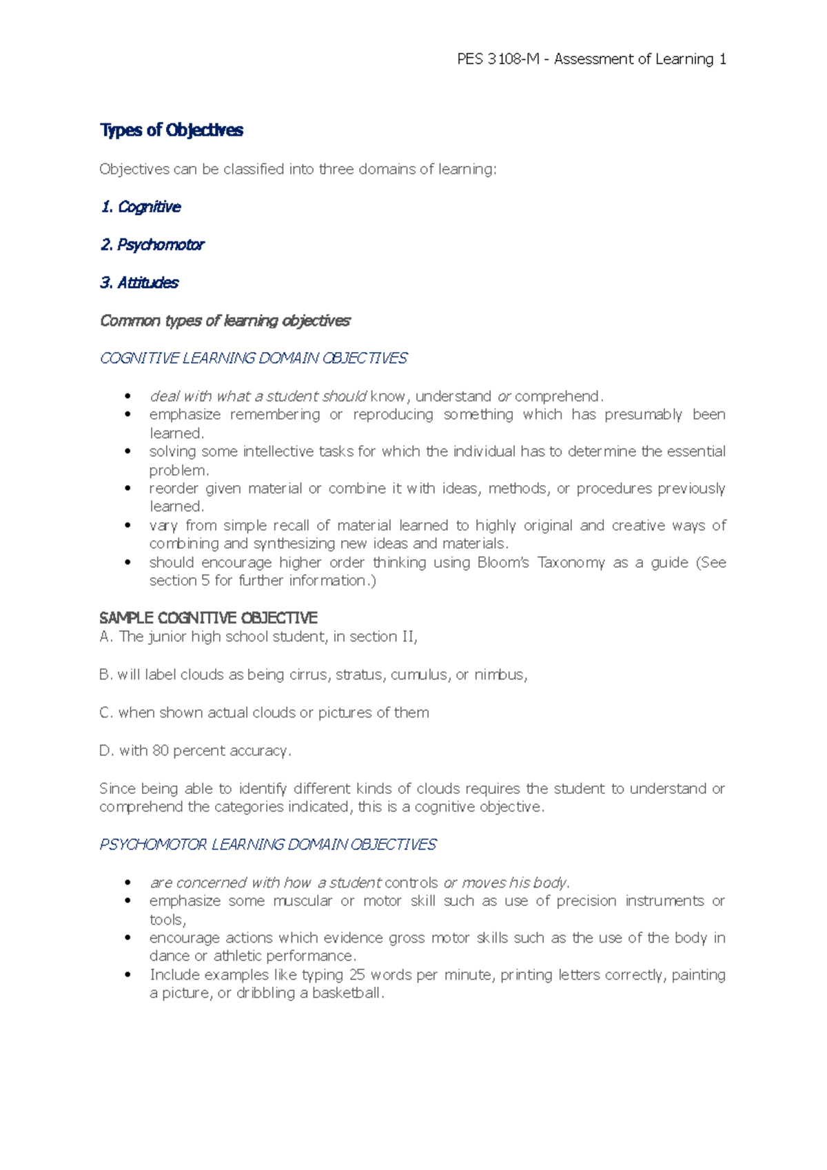 Three Domains of Learning - PES 3108-M - Assessment of Learning 1 Types ...