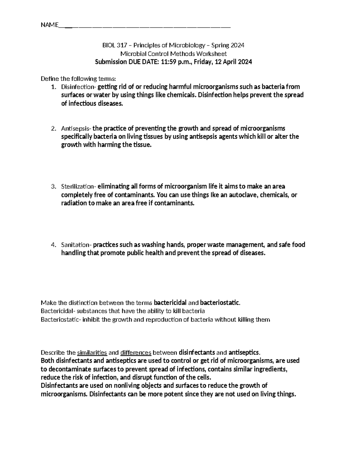 Microbial Control Methods Worksheet-BIOL 317 - - Studocu