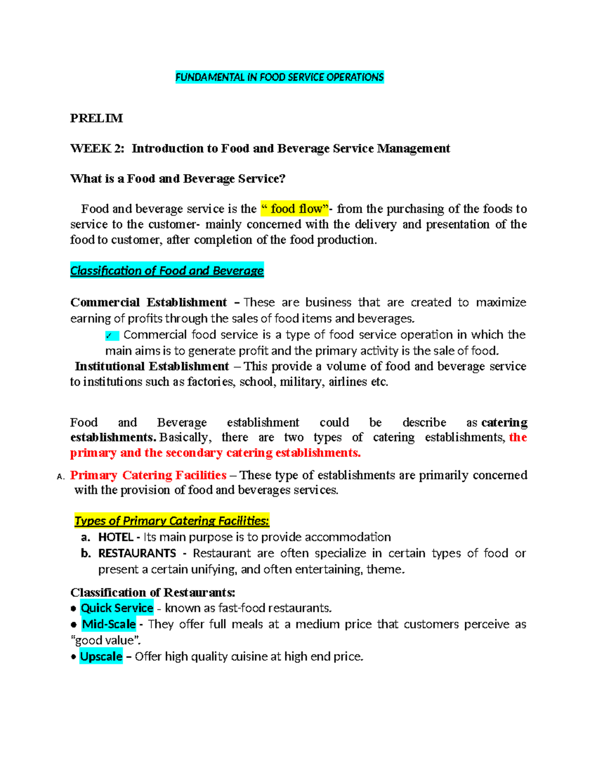 FUNDAMENTAL OF FOOD AND SERVICE OPERATION - FUNDAMENTAL IN FOOD SERVICE ...