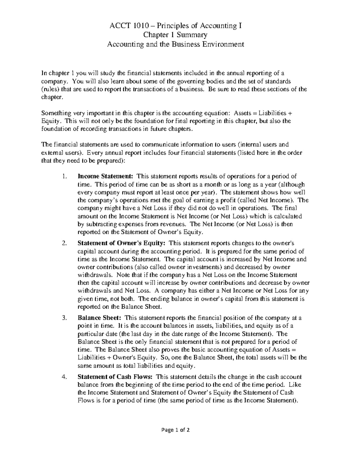 Chapter 1 Summary - ACCT 1010 – Principles of Accounting I Chapter 1 ...