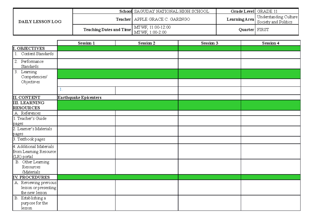 DLL Template four sessions - DAILY LESSON LOG School SAGUDAY NATIONAL ...
