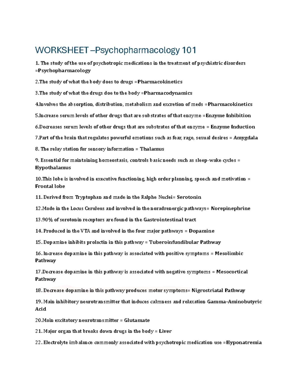 Exam 1 Psychopharmacology - WORKSHEET – Psychopharmacology 101 The ...