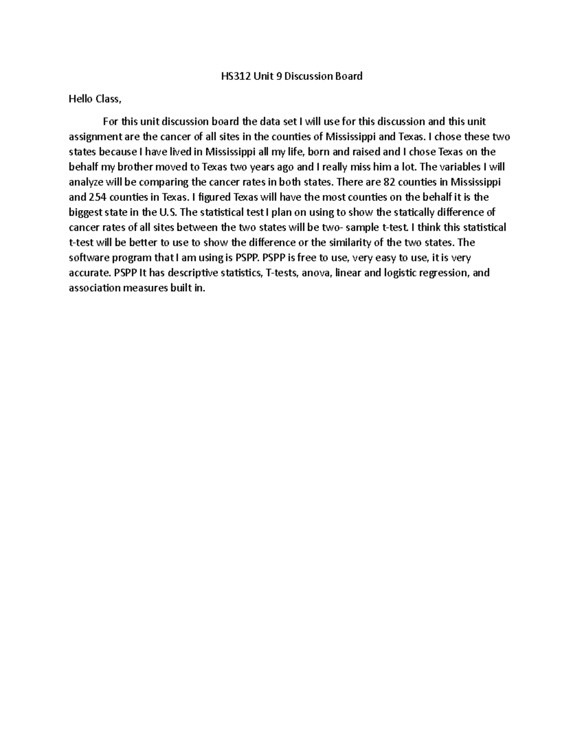 HS312 Unit 9 Discussion Board for Epidemiology 2 - HS312 Unit 9 ...