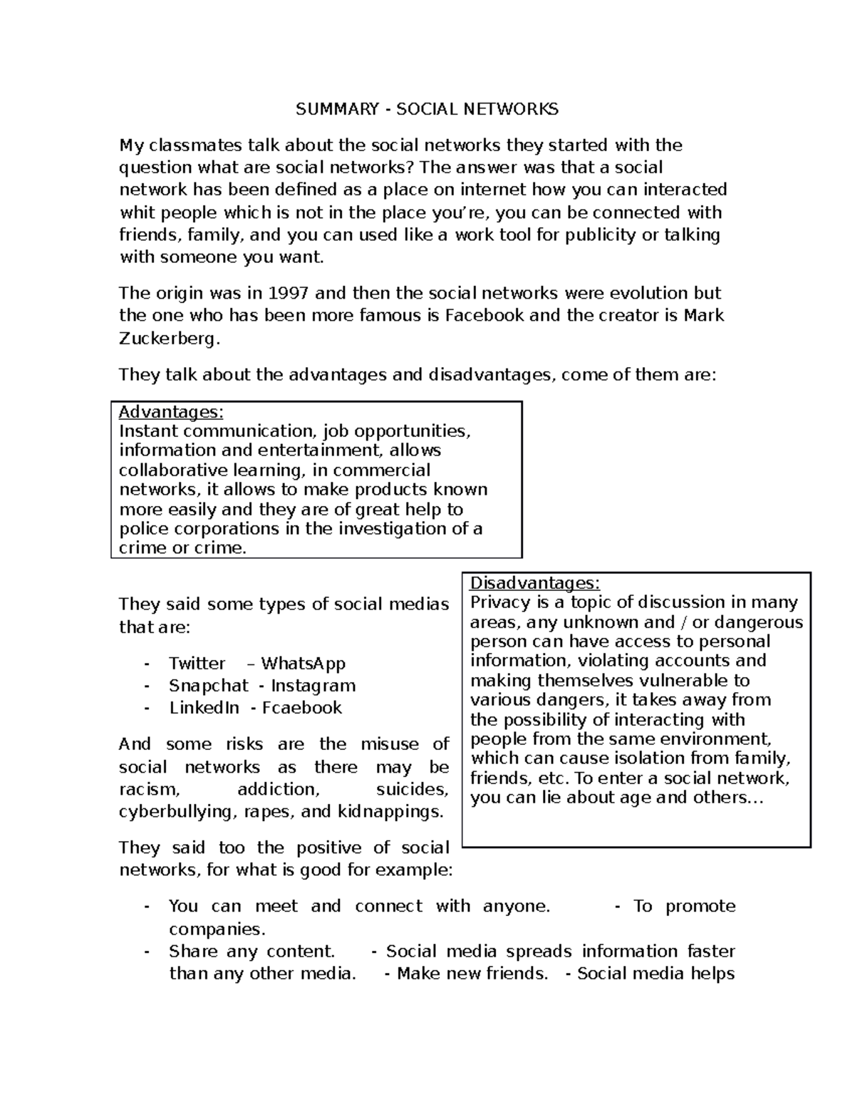 Summary SN - SUMMARY - SOCIAL NETWORKS My classmates talk about the ...