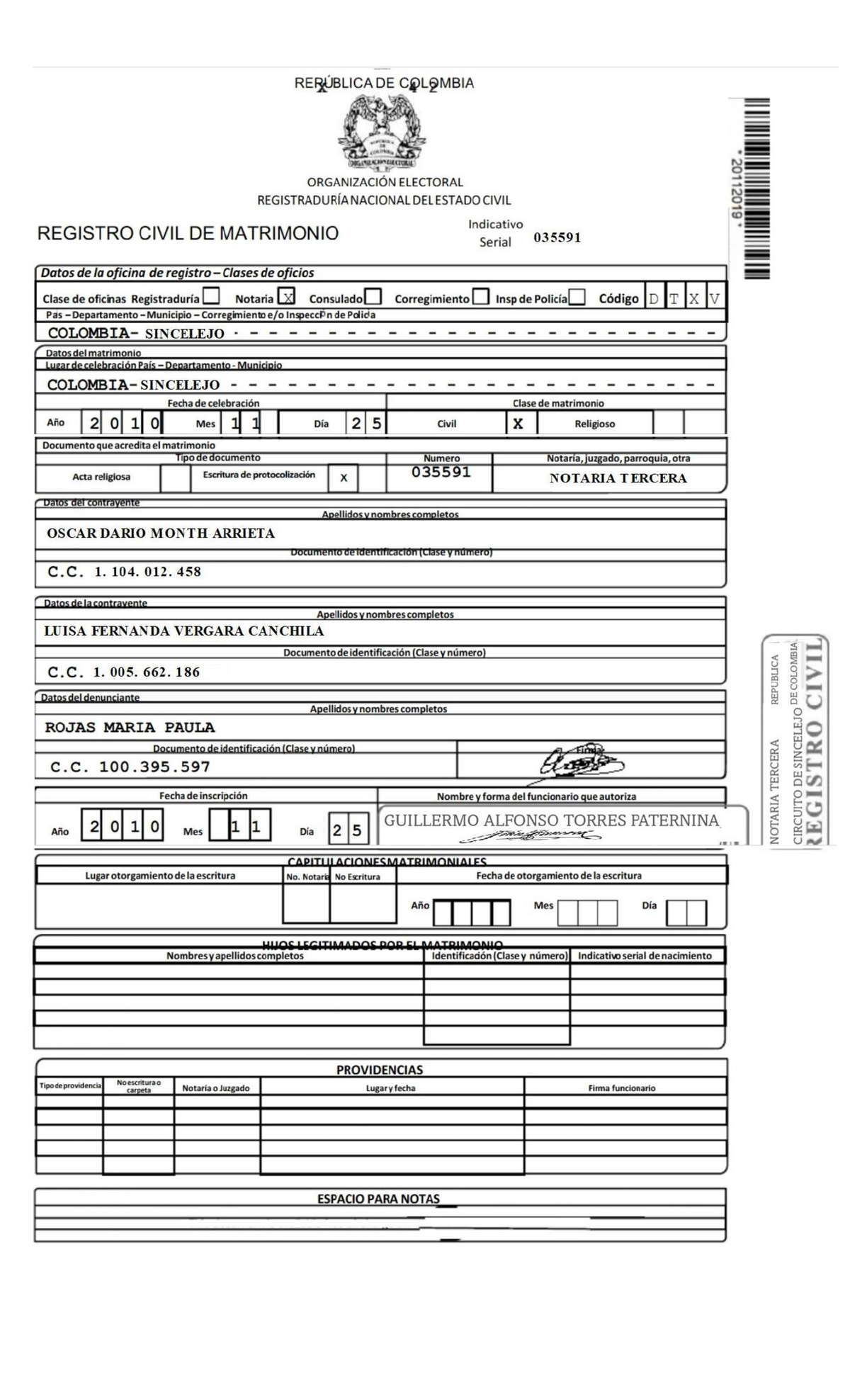 Registro Civil DE Matrimonio - RERUBLICA DE COLOMBIA ORGANIZACIÓN ELECTORAL REGISTRADURÍA ...
