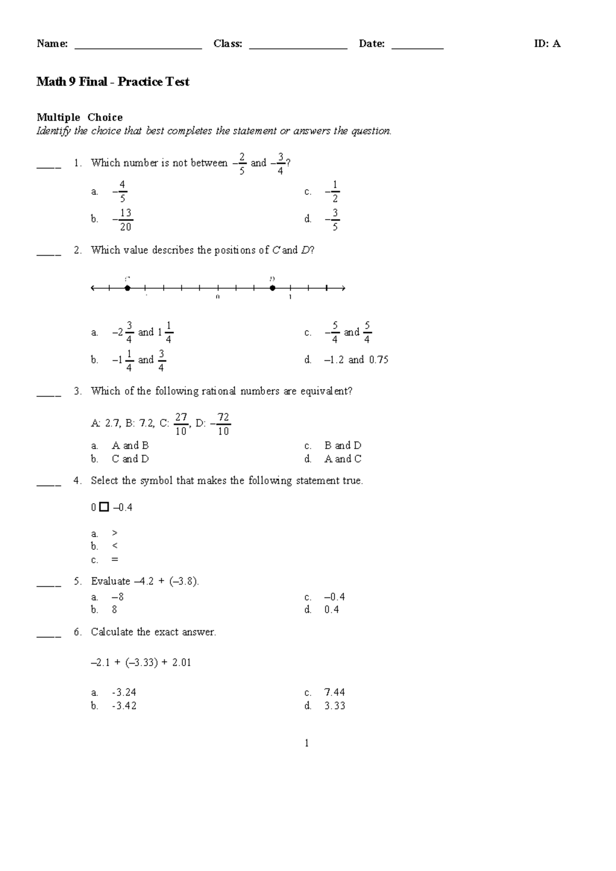 Maths quize - Name: ______________________ Class ...