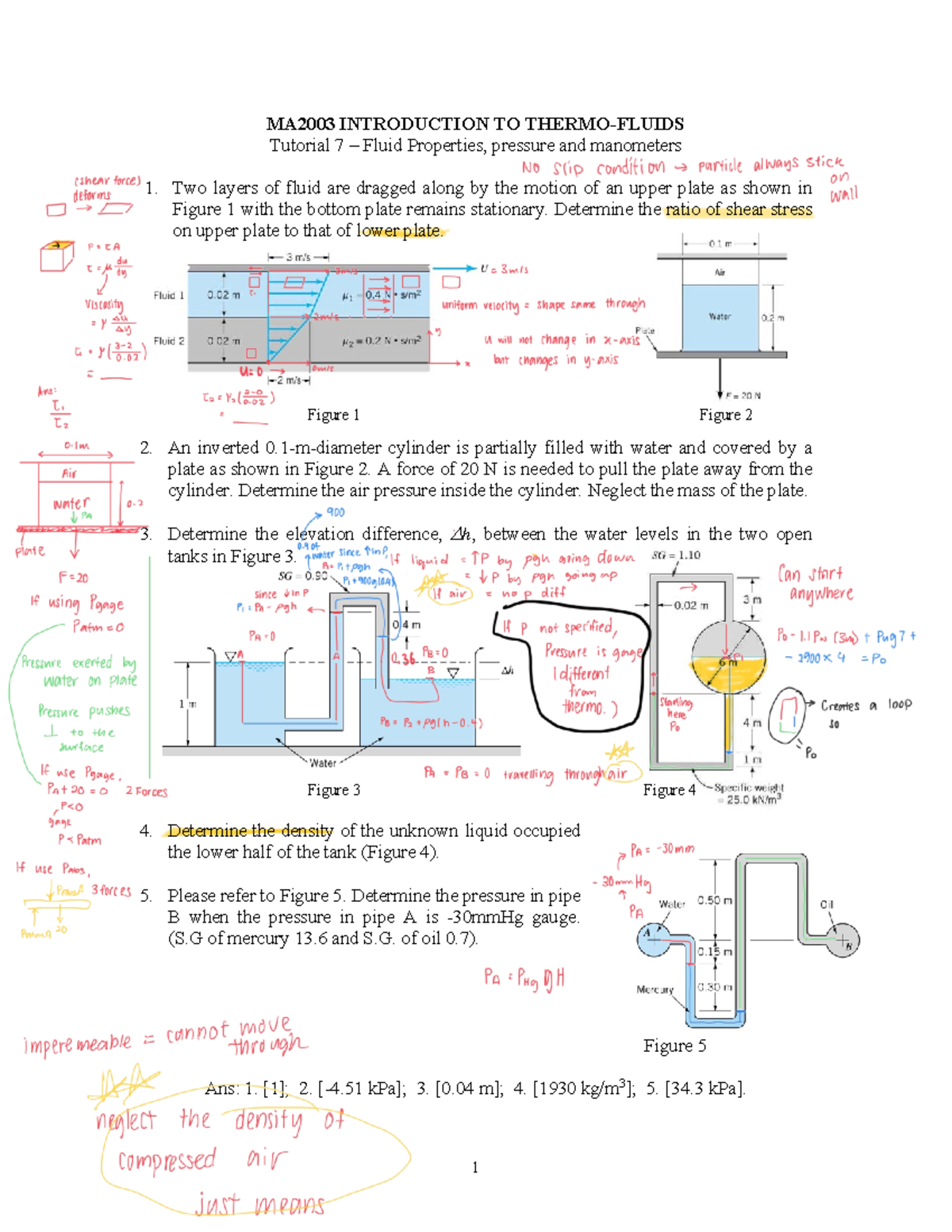 MA2003-Tutorials 7-11 - Tutorial 7 – Fluid Properties, pressure and manometers Two layers of ...