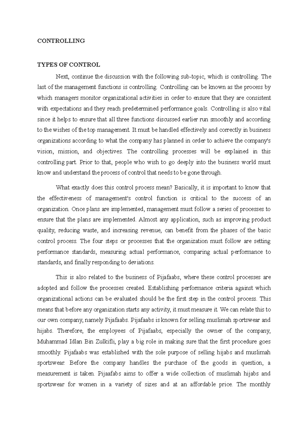 Controlling for MGT162 - CONTROLLING TYPES OF CONTROL Next, continue ...