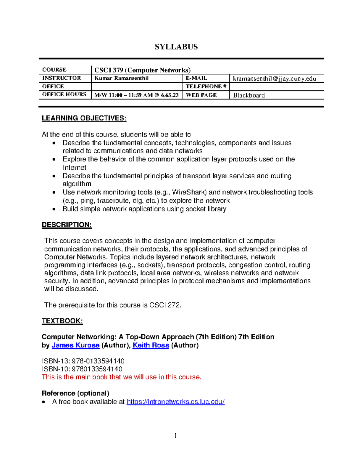 CSCI-379 Sp20 - syllabus for csci279 - SYLLABUS COURSE CSCI 379 (Computer Networks) INSTRUCTOR ...