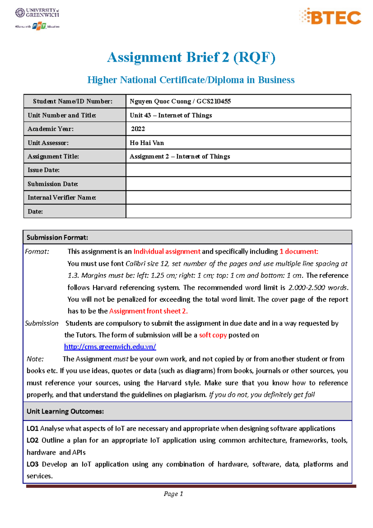 GCS210694 Thai Hoang Tuan Kiet ASM2 bief - Assignment Brief 2 (RQF) Higher National - Studocu