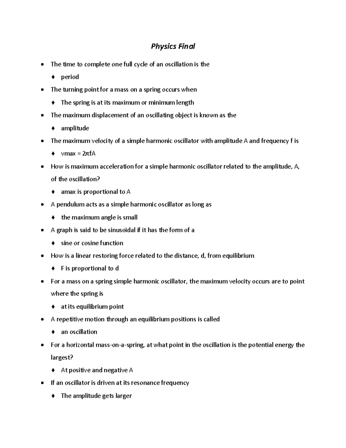Physics Final - Physics Final The time to complete one full cycle of an ...