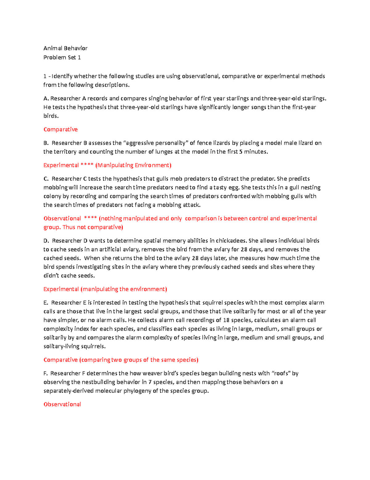 Animal Behavior Problem set 1 - Animal Behavior Problem Set 1 1 ...