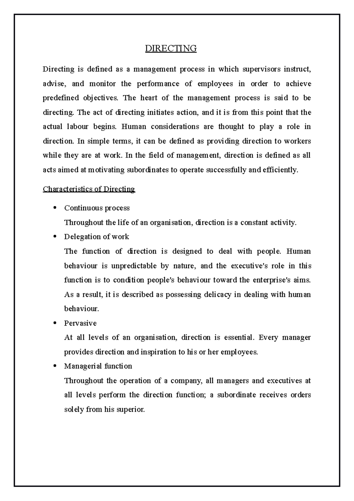 Directing - DIRECTING Directing is defined as a management process in ...