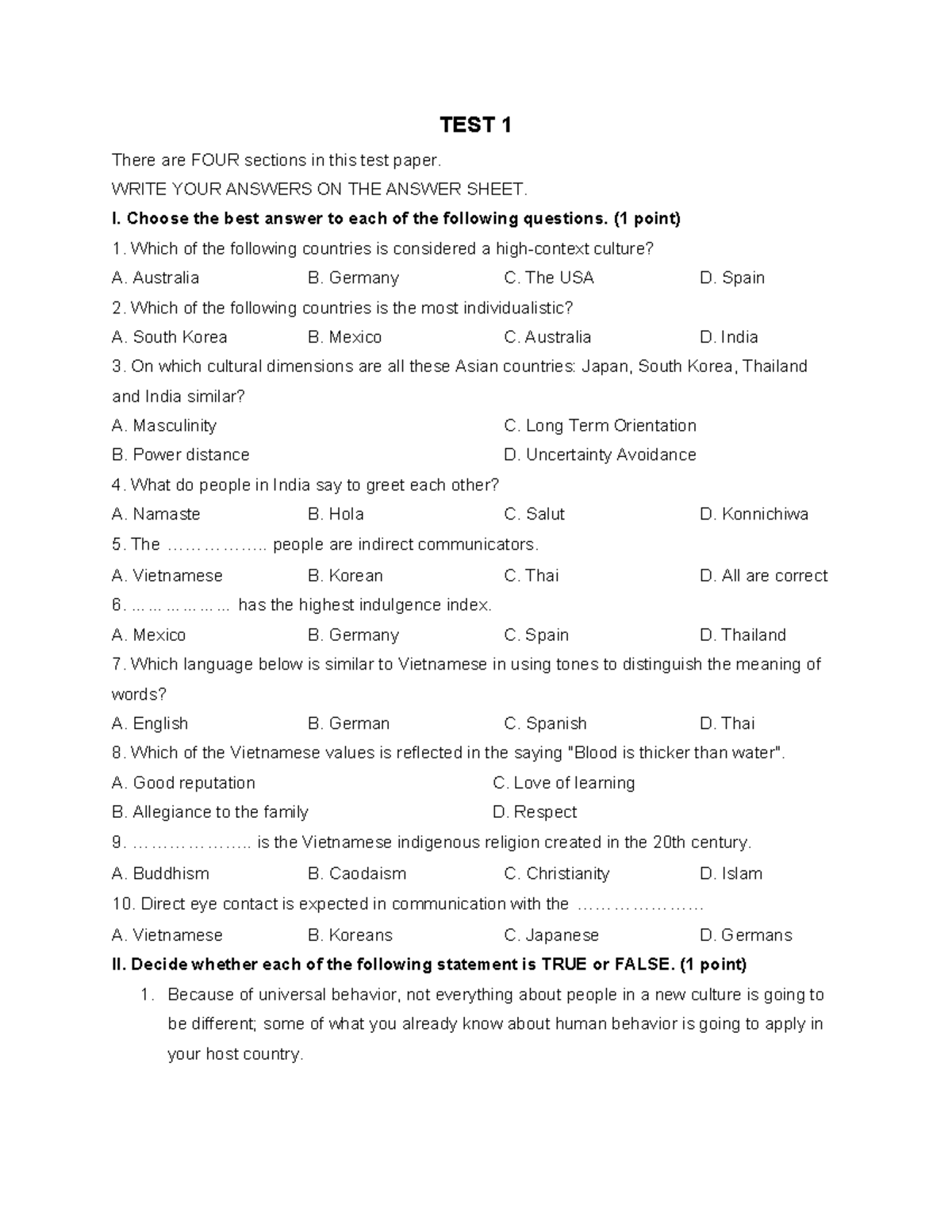 Final TEST - TEST 1 There are FOUR sections in this test paper. WRITE ...