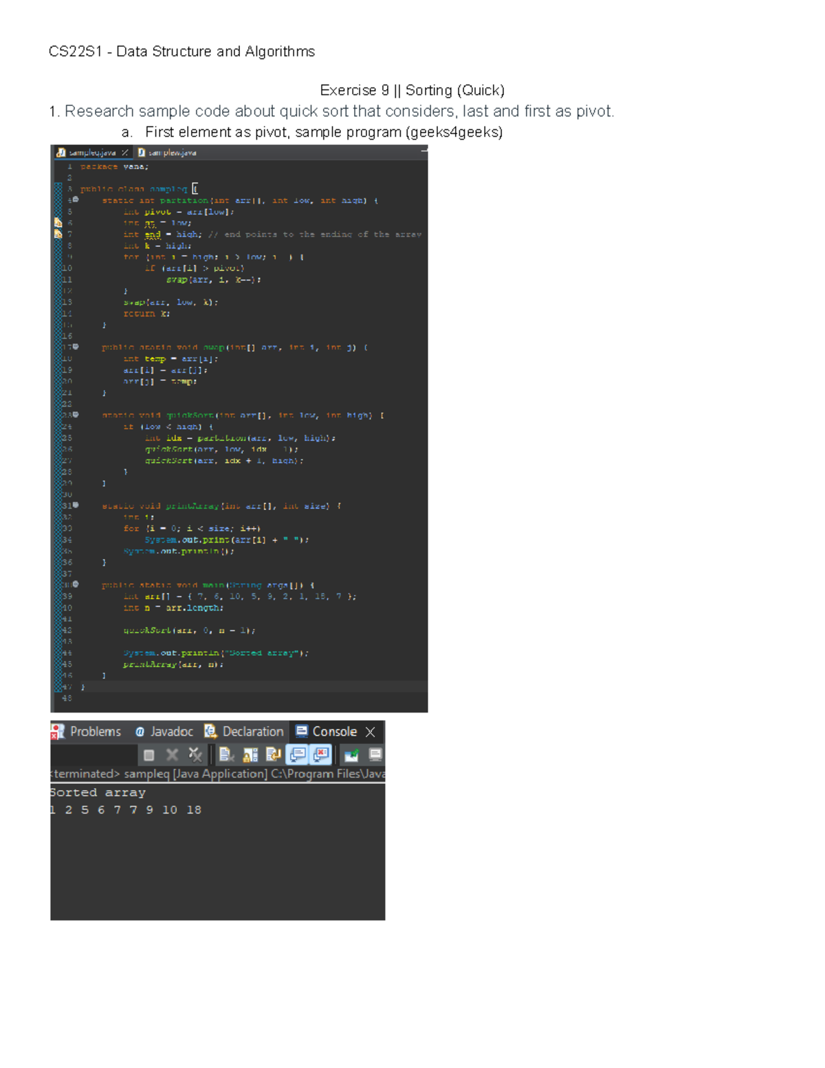 Exercise 9 - DSA - CS22S1 - Data Structure and Algorithms Exercise 9 || Sorting (Quick) 1 ...