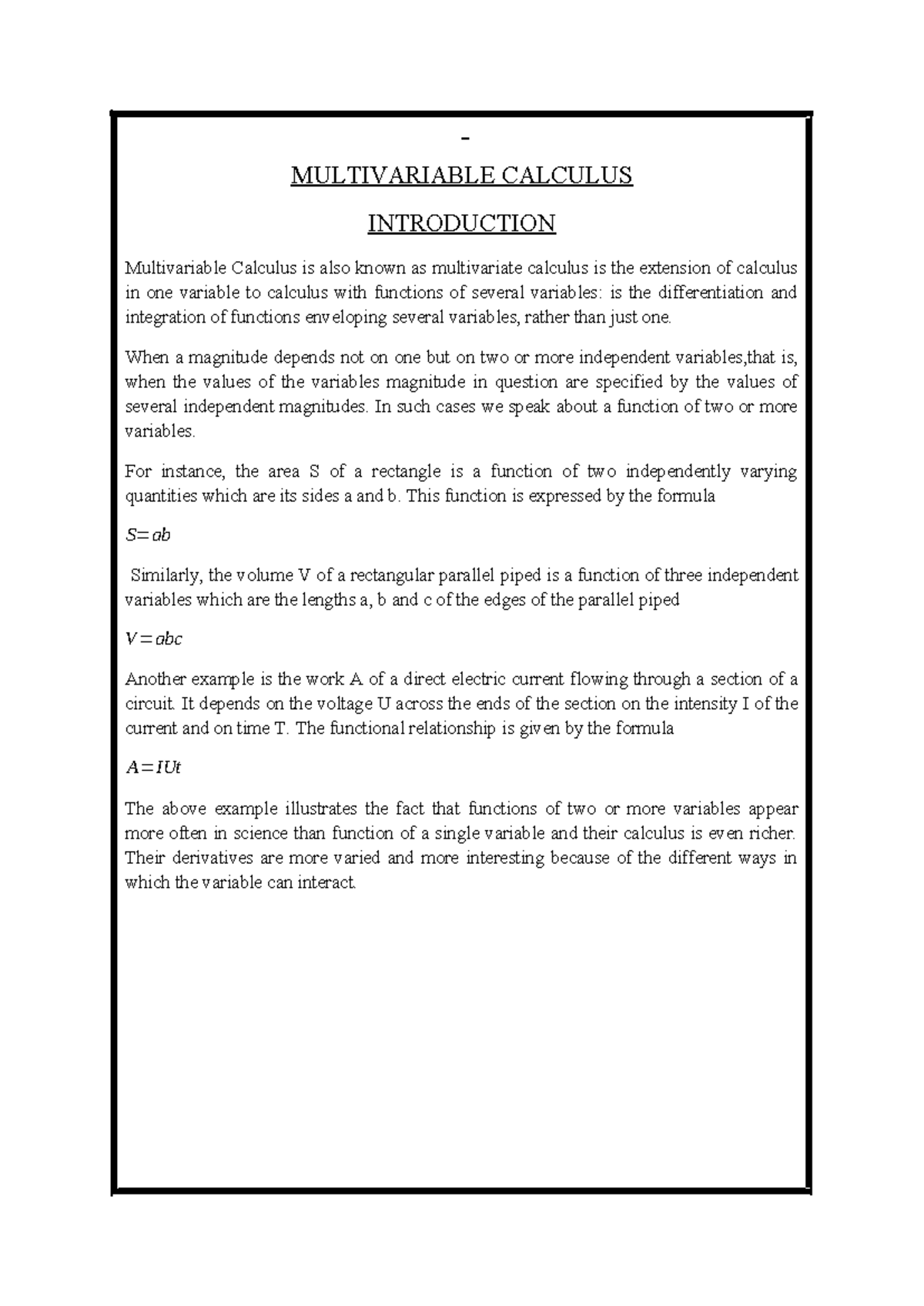 Final year project - MULTIVARIABLE CALCULUS INTRODUCTION Multivariable ...