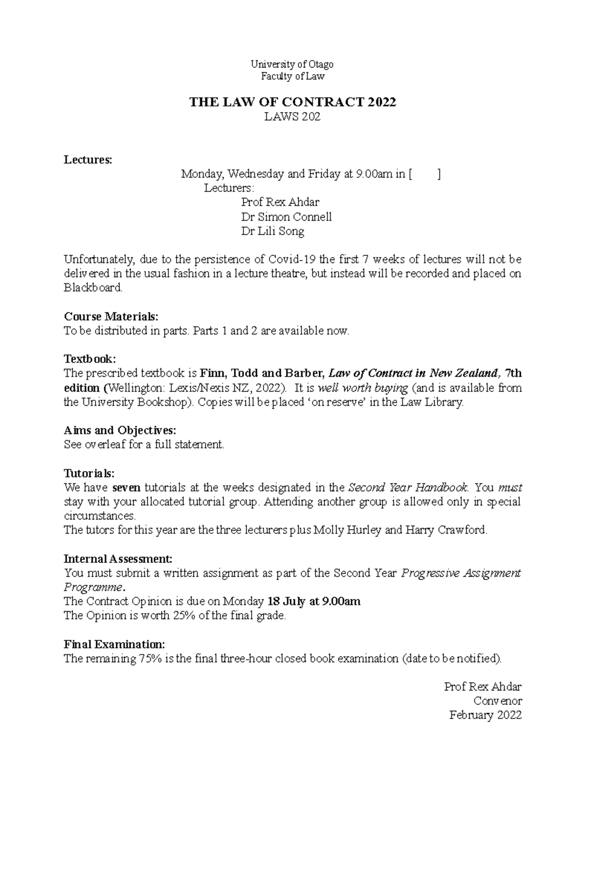 Contract - General 2022 - University of Otago Faculty of Law THE LAW OF ...