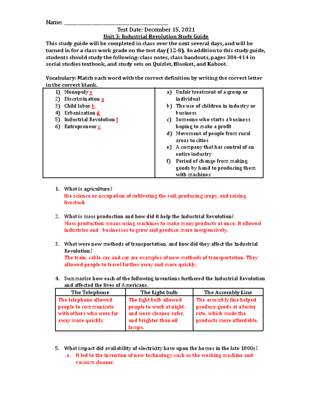 Industrial Revolution Study Guide Answer Key - Name