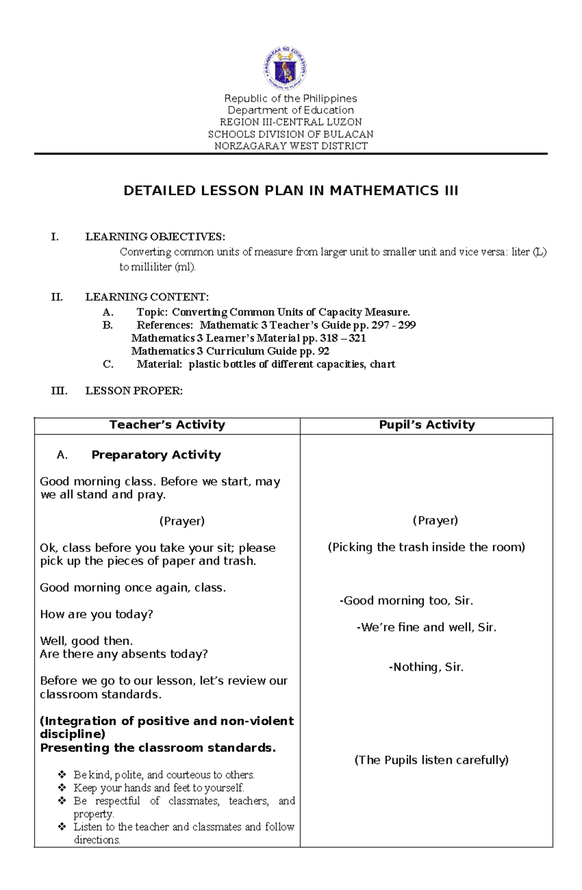 Grade 3 MATH 3 DLP ( Edited) - Republic of the Philippines Department ...