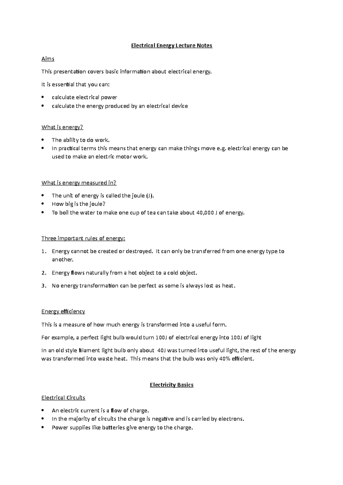 Unit 6 - Electrical Energy Lecture Notes - Electrical Energy Lecture ...