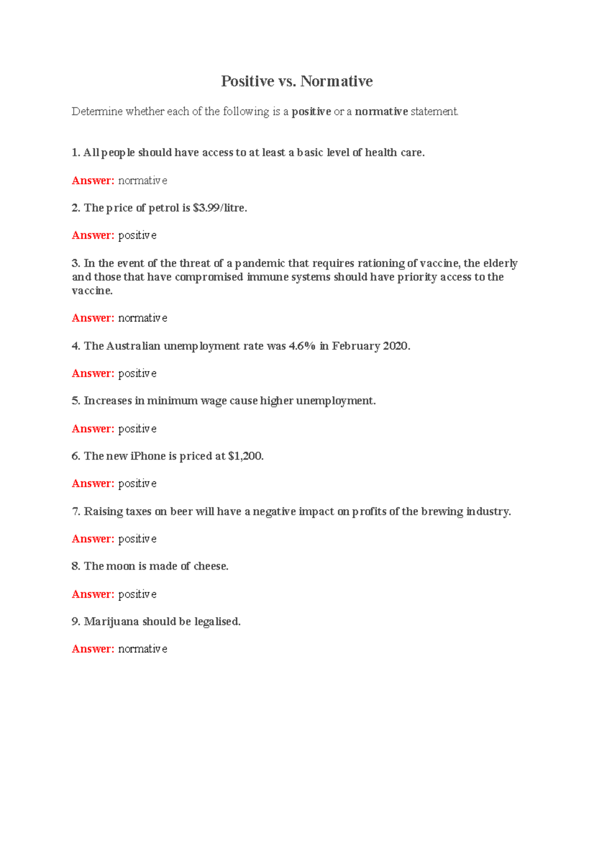 Positive vs. Normative Worksheet Answers - Positive vs. Normative ...