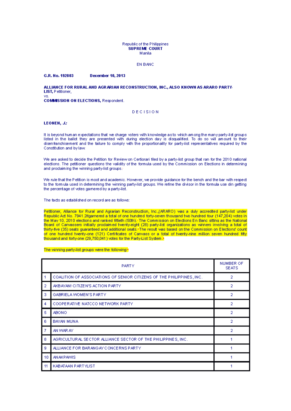 Araro V. Comelec - fulltext - Republic of the Philippines SUPREME COURT ...