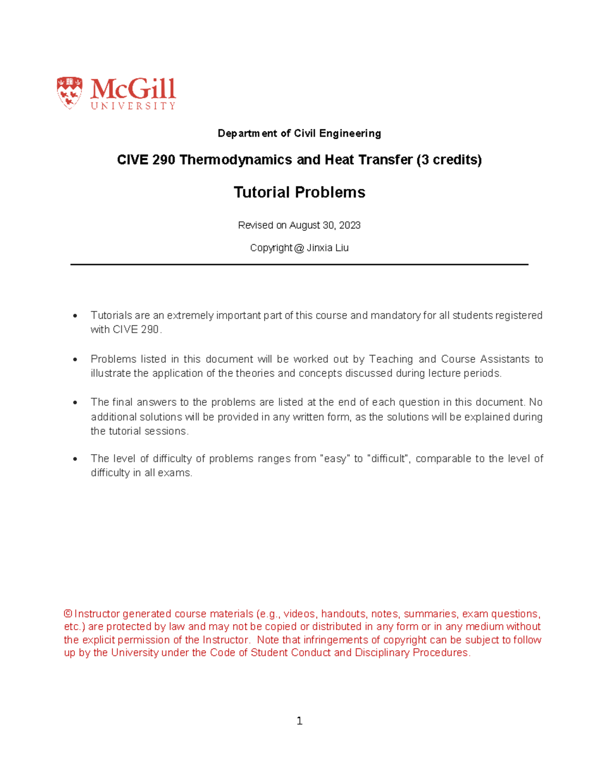 0 CIVE 290 Tutorial Problems 2023 - 1 Department of Civil Engineering CIVE 290 Thermodynamics ...