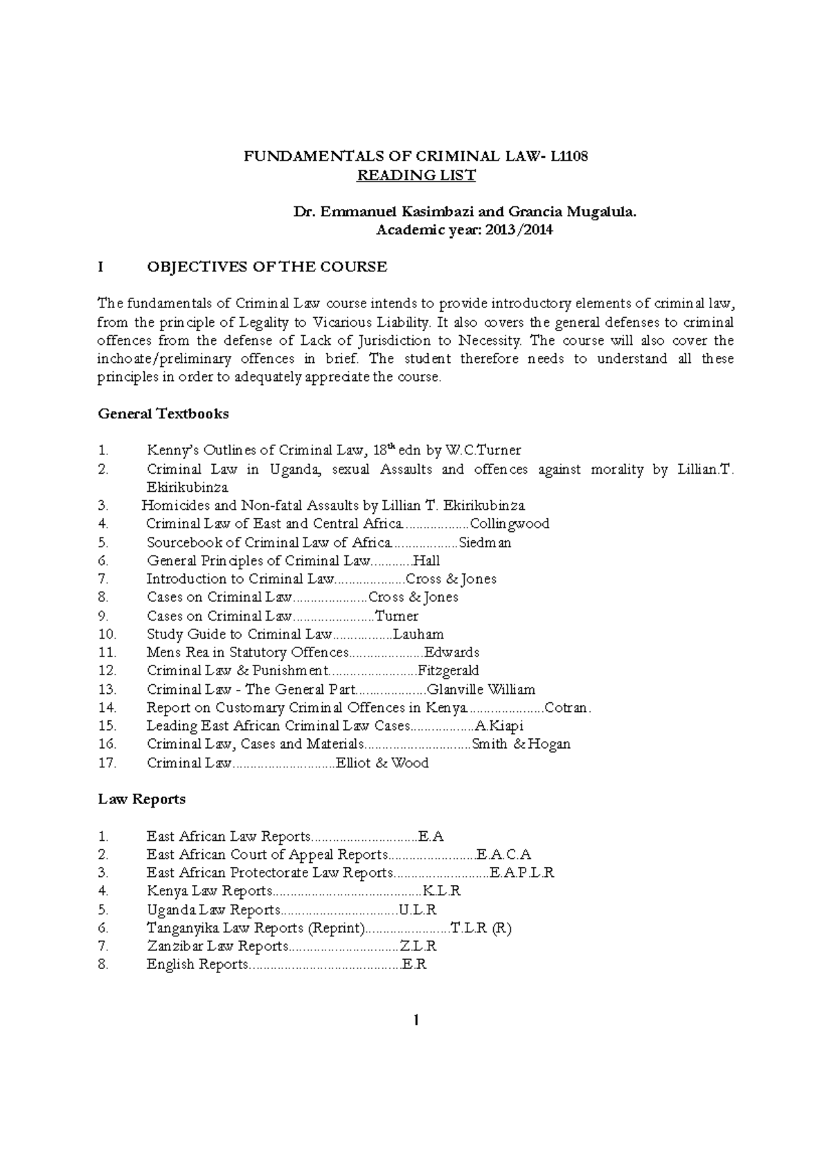 Fundamentals of Criminal Law Reading list 2013 - FUNDAMENTALS OF ...