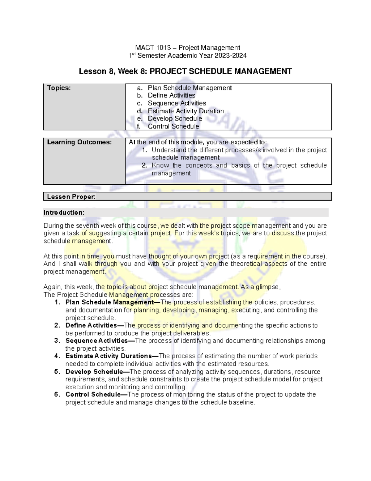 Lesson 8 - Project Schedule Management - MACT 1013 – Project Management 1 st Semester Academic ...