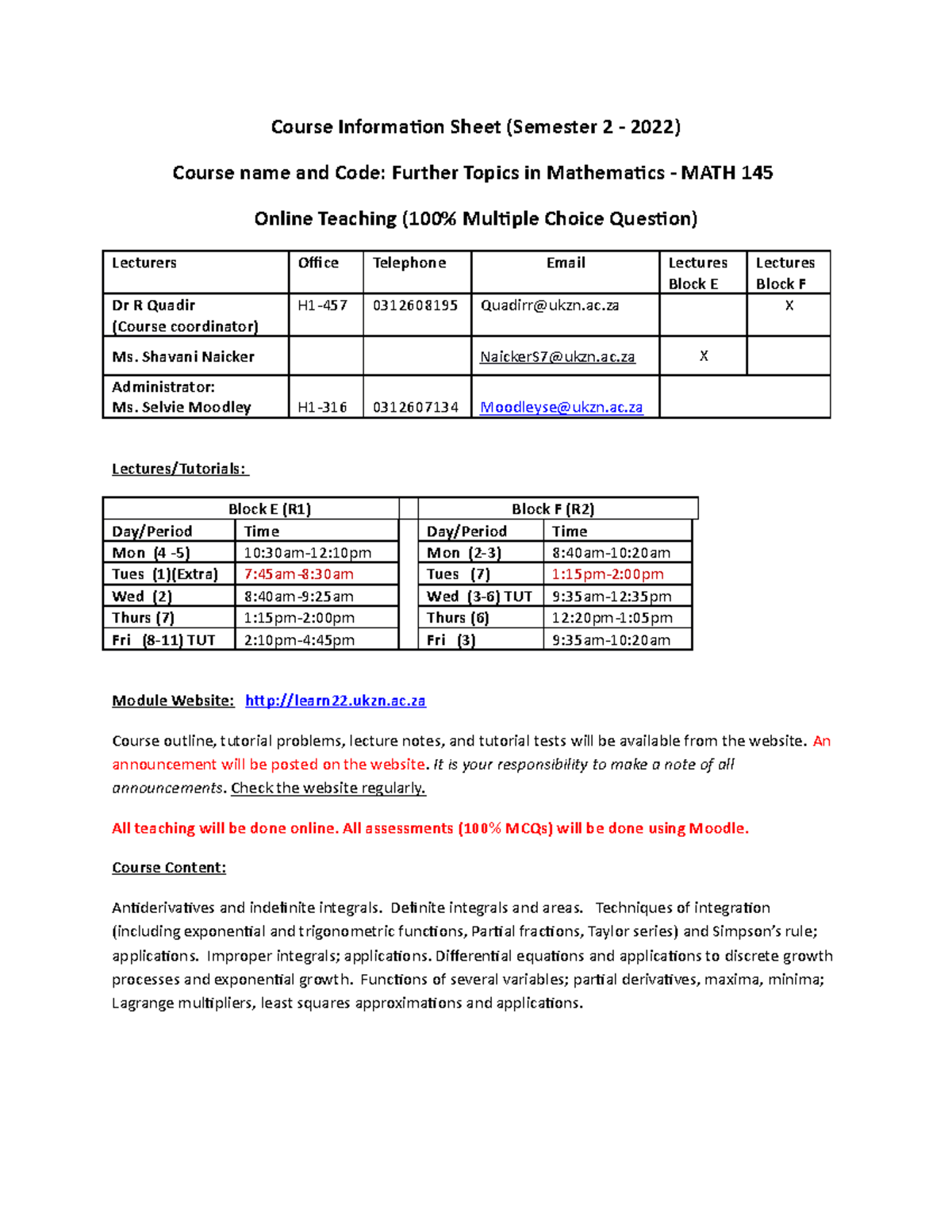 Course Information- Math 145W2 - Updated - Course Information Sheet ...