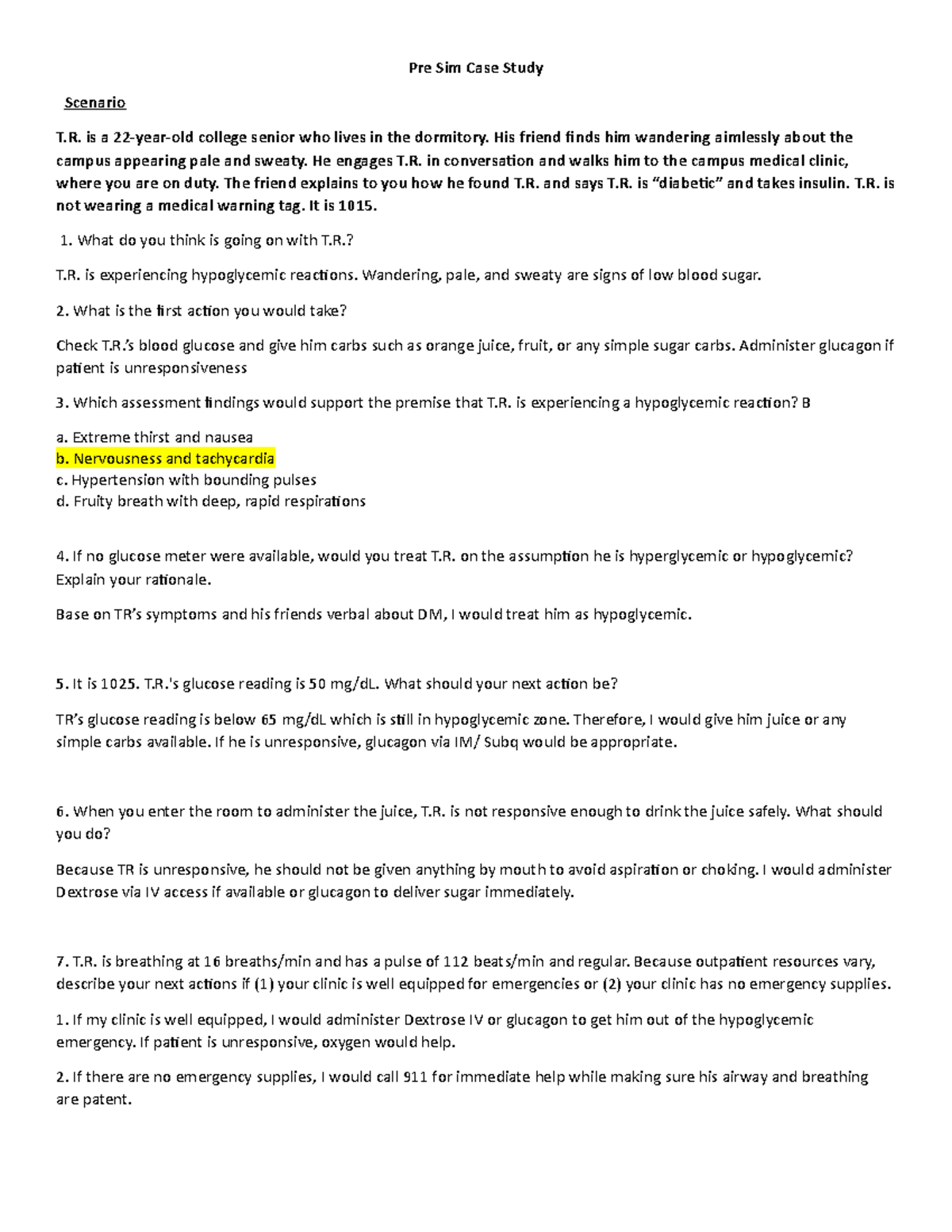 Pre Sim Case Study-2 (NRSG 111) - Pre Sim Case Study Scenario T. is a ...