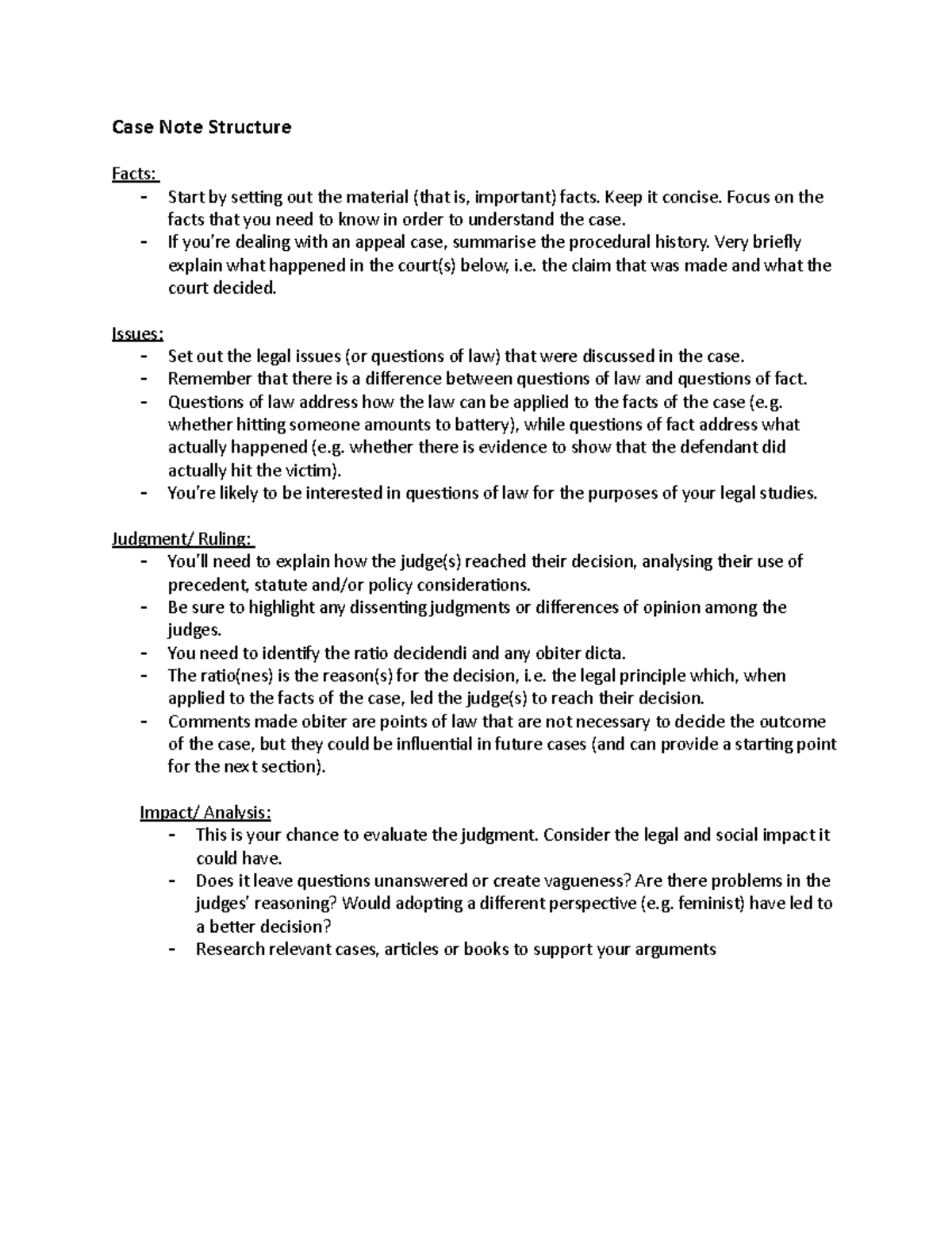 Case Note Structure - Case Note Structure Facts: Start by setting out ...