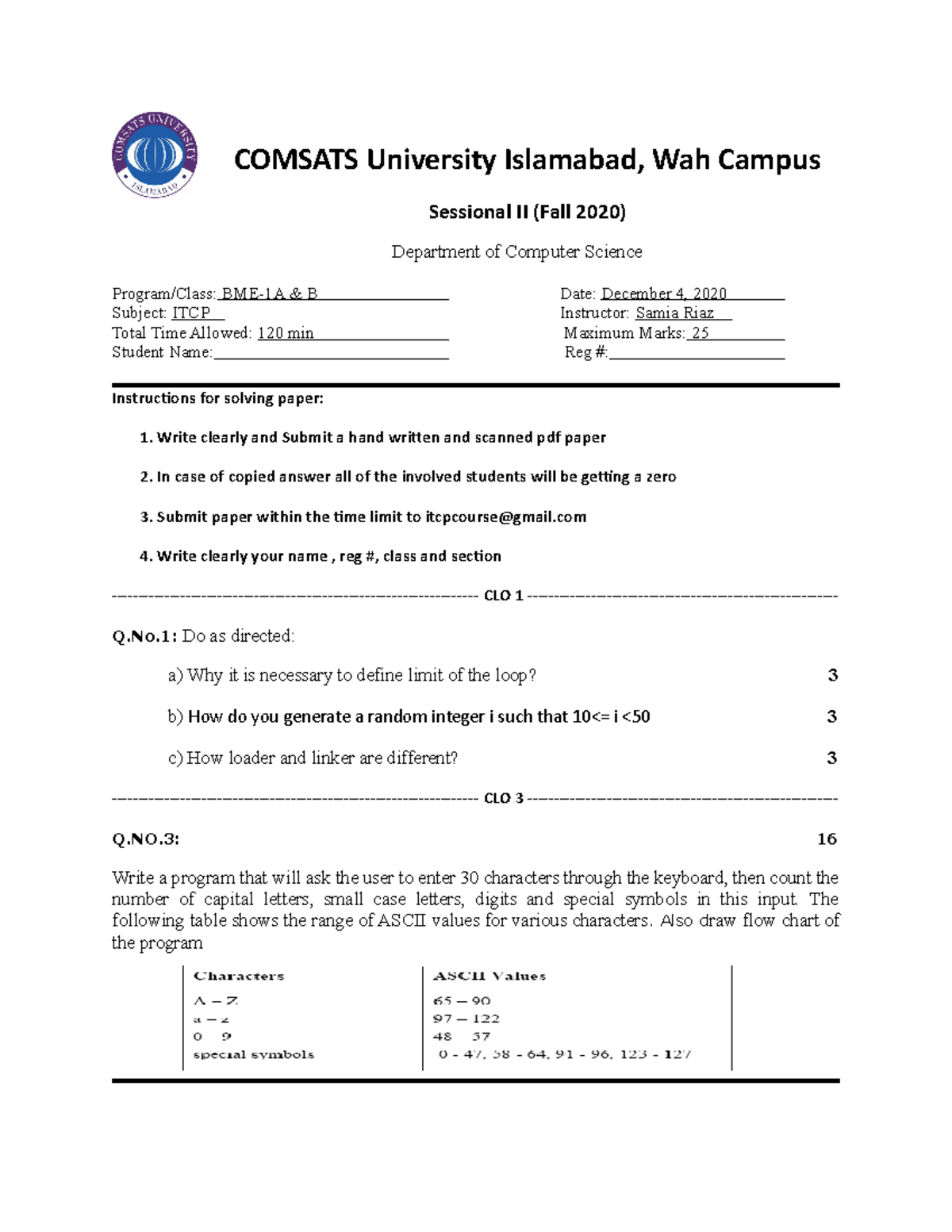 sessional 2 itcp - COMSATS University Islamabad, Wah Campus Sessional II (Fall 2020) Department ...